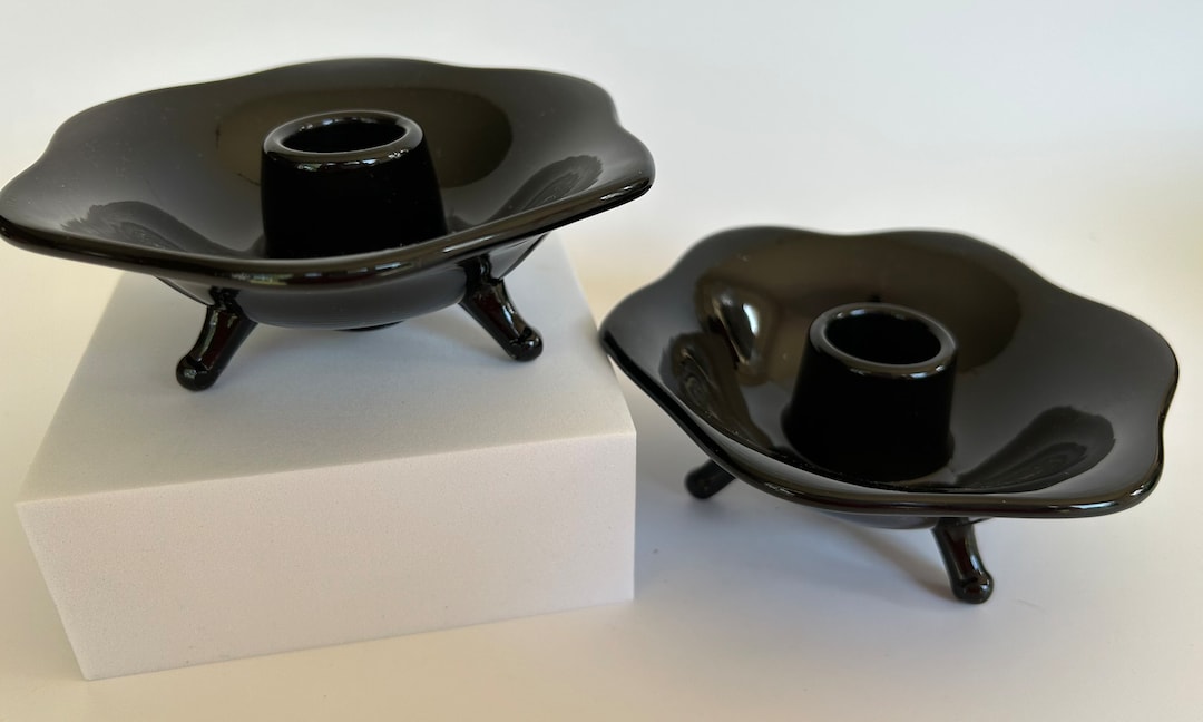 Pair of Vintage Fenton Black Glass 3 Toed Candle Holders Candlesticks ...