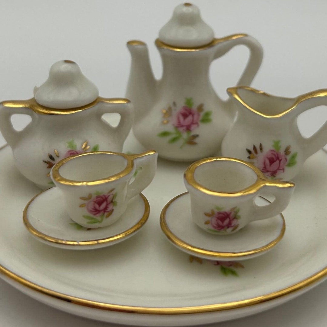 Victorian 10 Piece Porcelain Pink Rose Mini Tea Set With Gold Trim ...