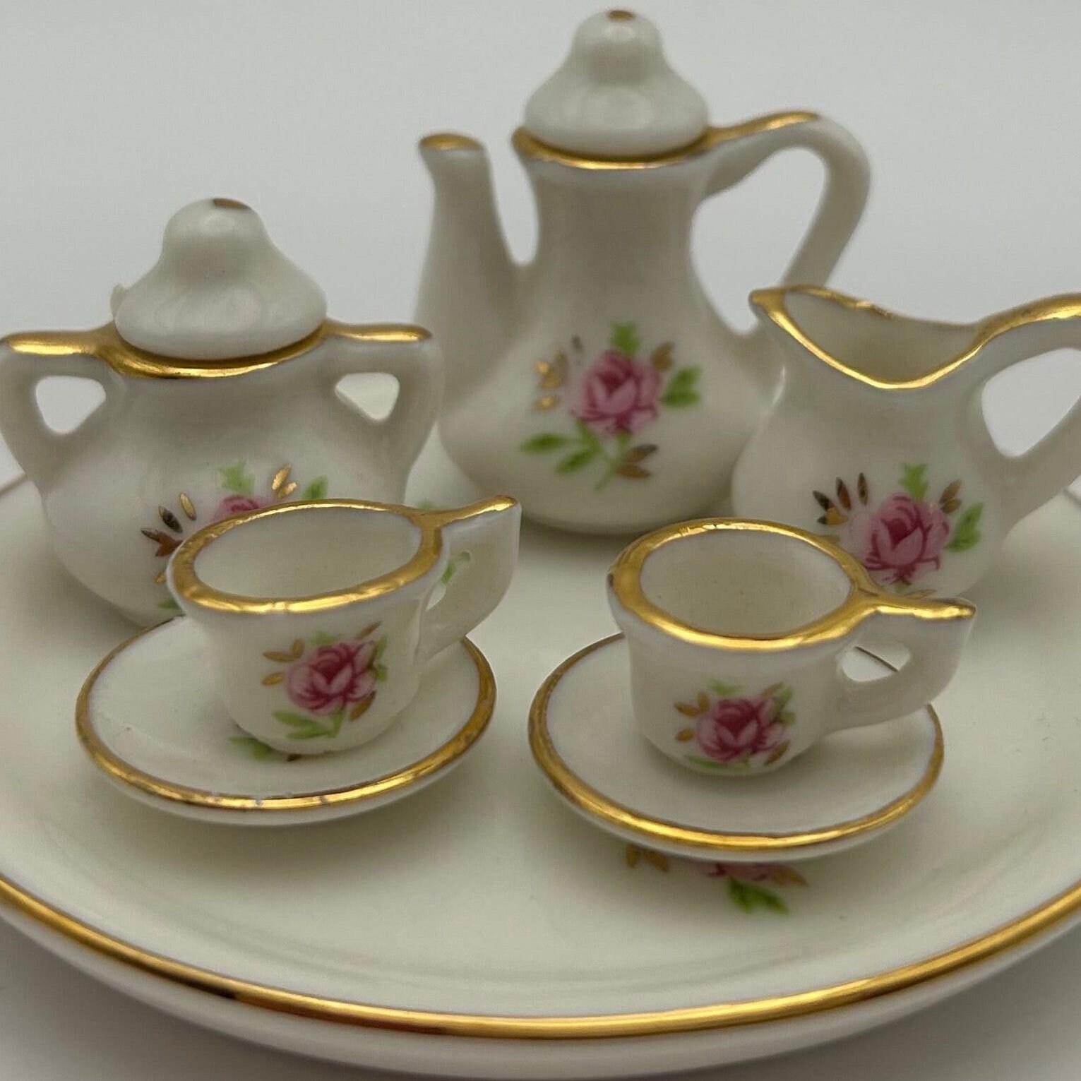 Victorian 10 Piece Porcelain Pink Rose Mini Tea Set With Gold Trim Dollhouse Accessory - Etsy