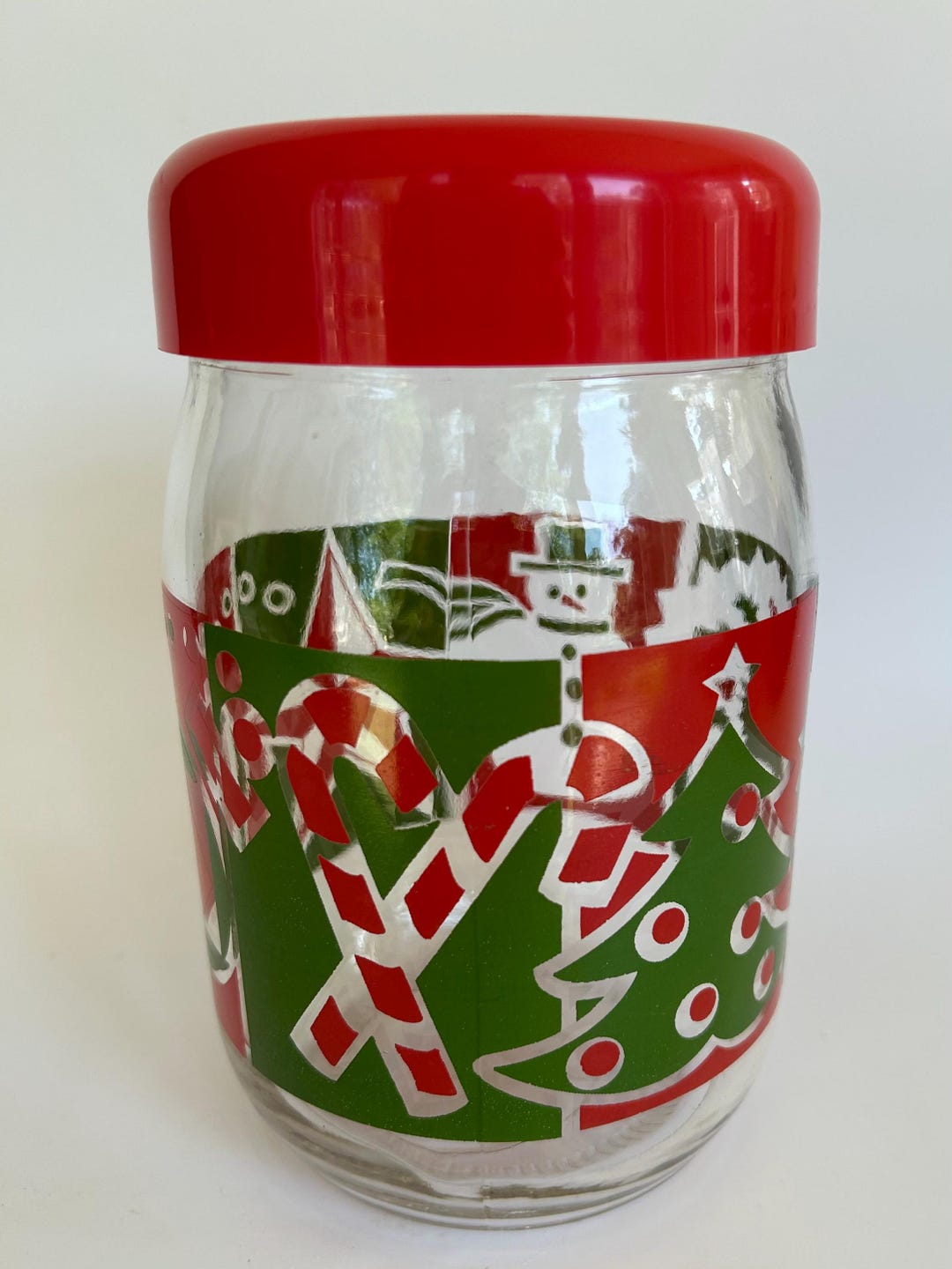 Vintage Christmas Glass Cannister With Glossy Red Lid, Green and Red ...