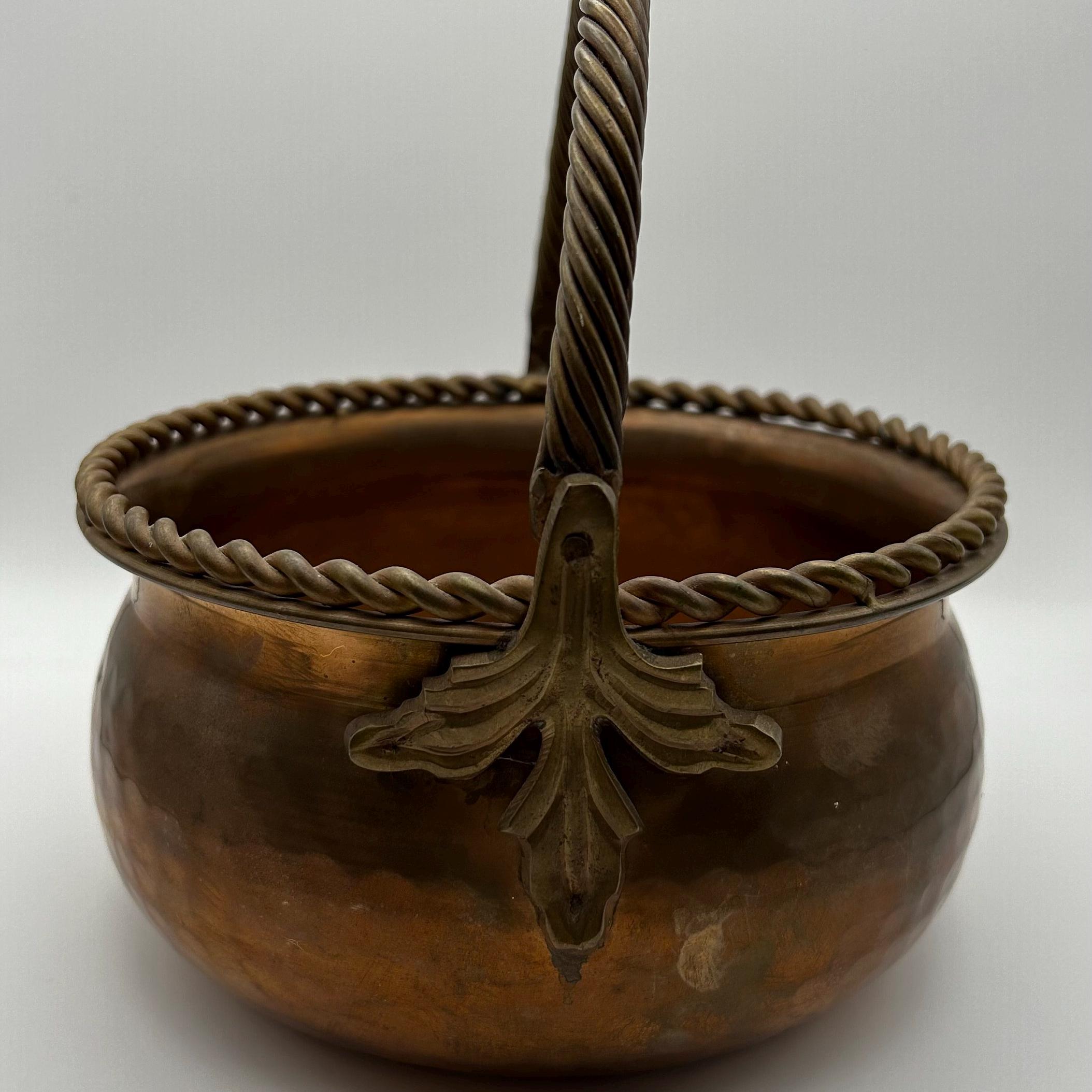 Vintage Hammered Copper Basket With Twisted Handle and Leaf ...