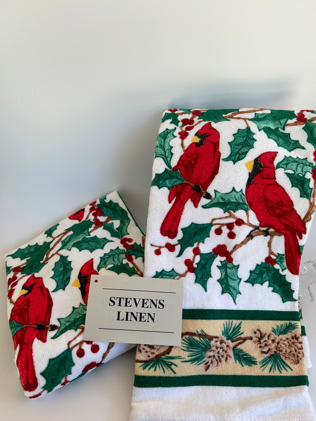 Vintage Christmas Hand Towels With Red Cardinal Birds, Holly and Winter ...