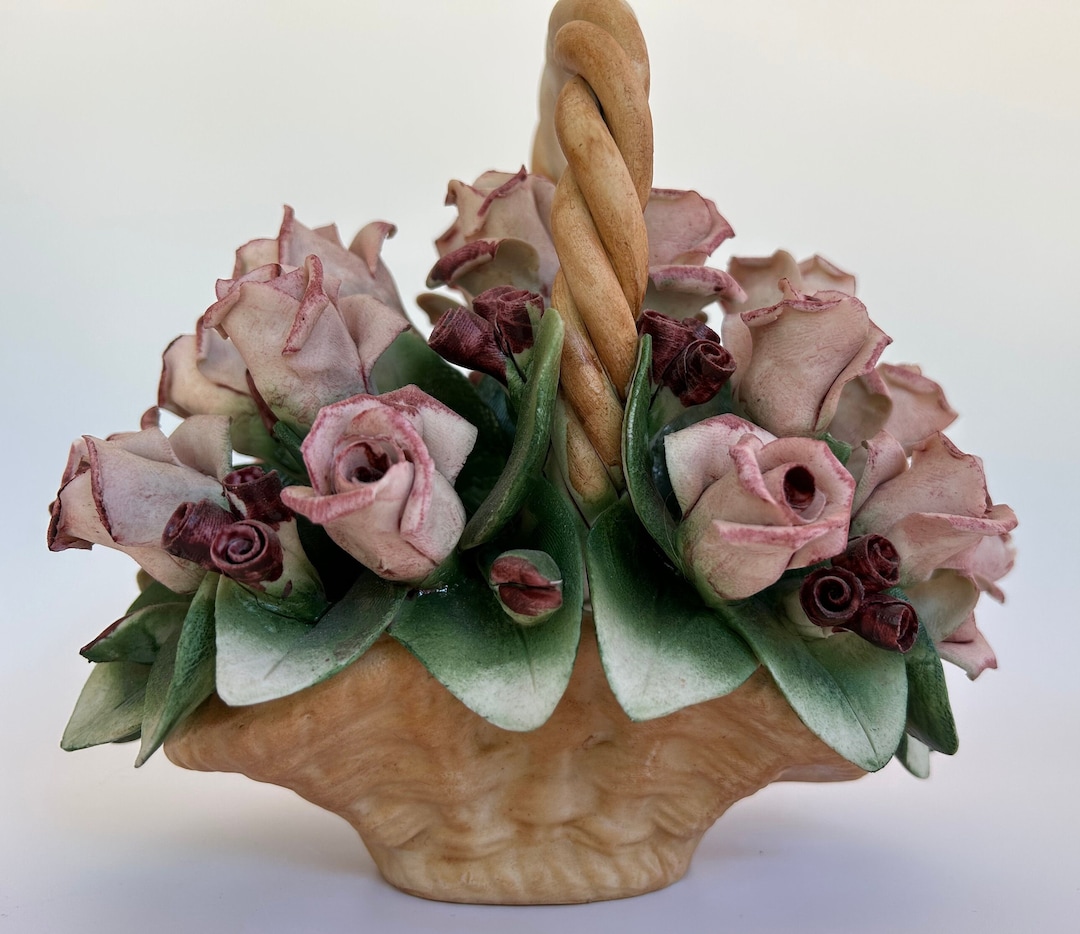 Vintage Italian Capodimonte Porcelain Flower Basket With Pink Roses and ...