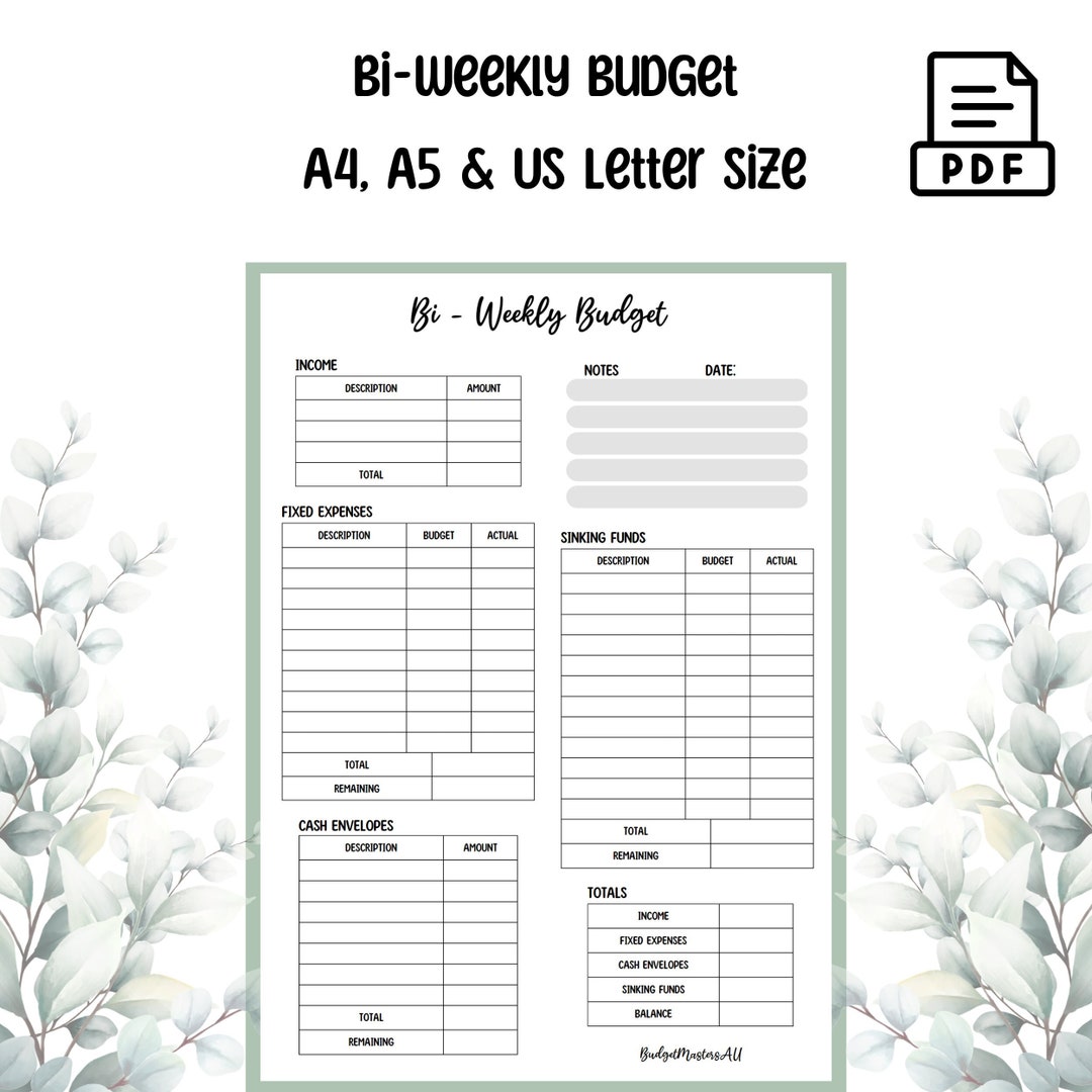 Bi Weekly/fortnightly Budget Planner Tracker PDF Digital Download Cash ...