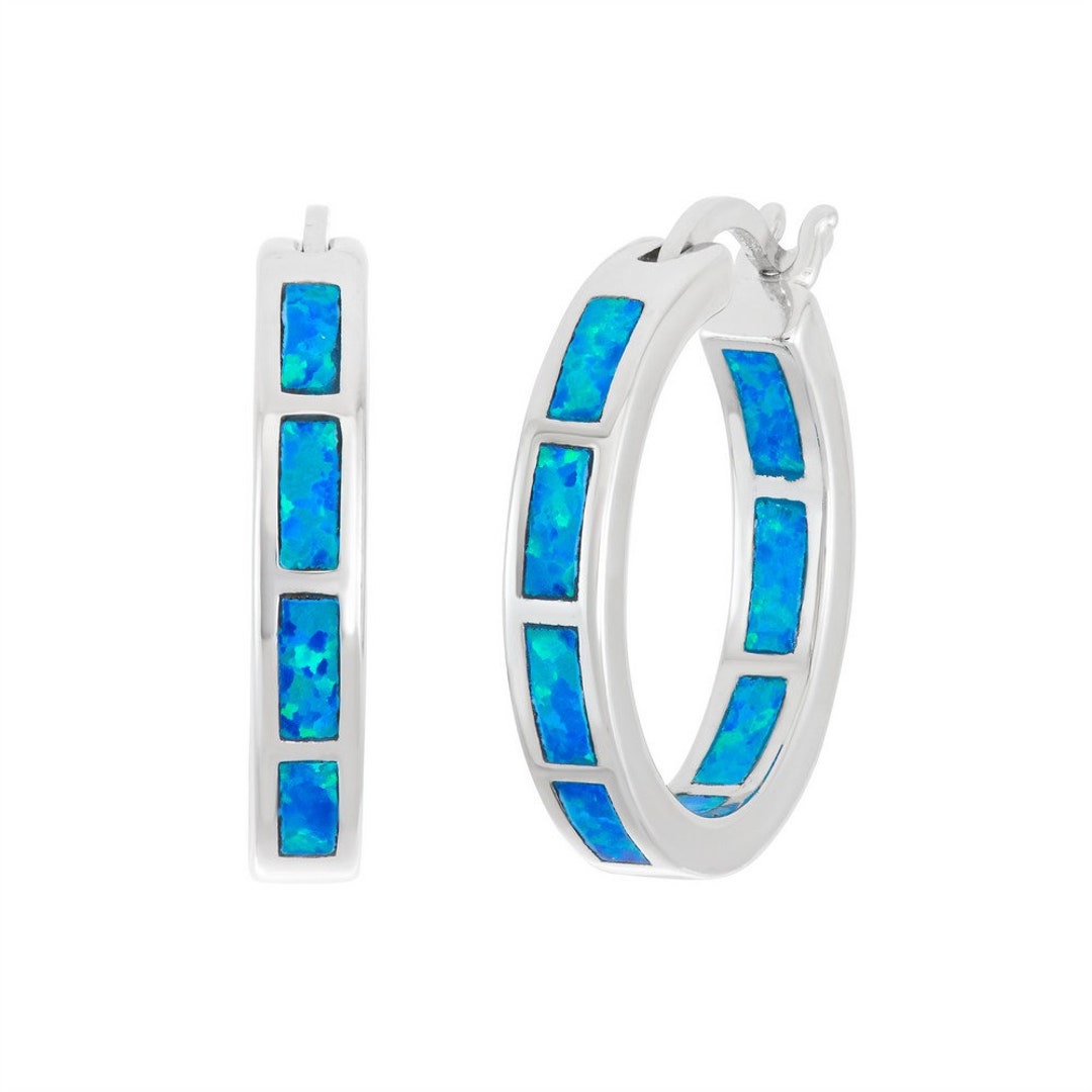 Womens Blue Fire Opal Hoop Earrings, 20 Mm Diameter, Sterling Silver Opal Hoops, Perfect ...