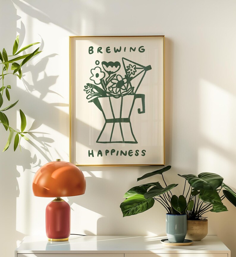 Brewing Happiness Wall Art Print, Coffee Pot Flowers Poster, Kitchen ...