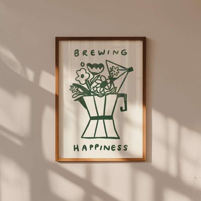 Brewing Happiness Wall Art Print, Coffee Pot Flowers Poster, Kitchen ...