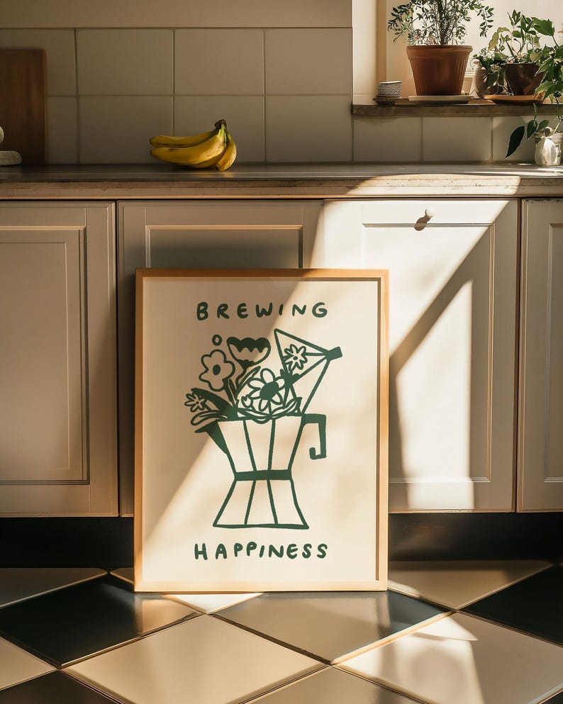 Brewing Happiness Wall Art Print, Coffee Pot Flowers Poster, Kitchen ...