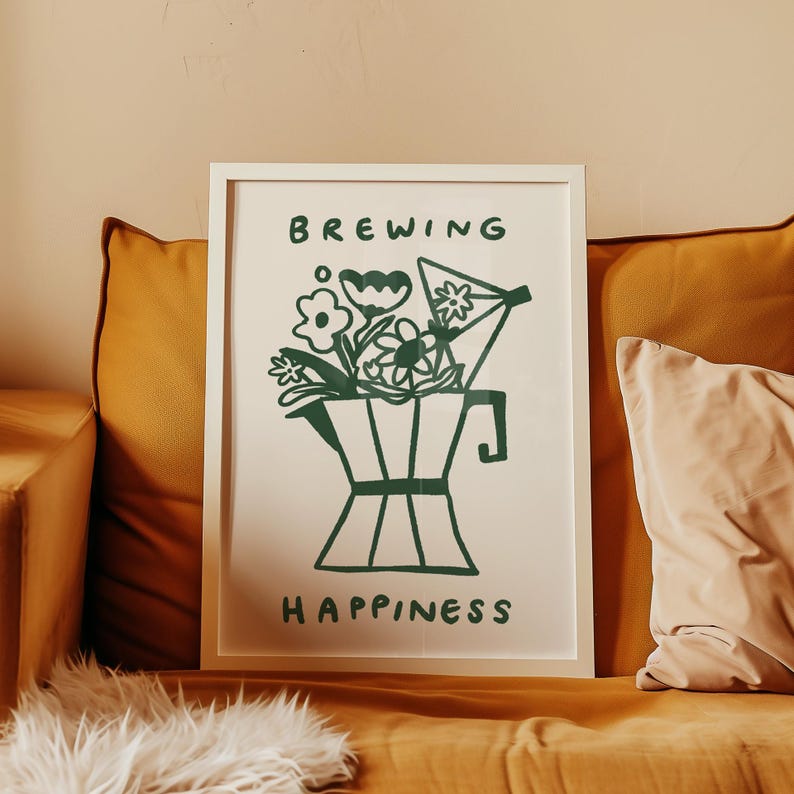 Brewing Happiness Wall Art Print, Coffee Pot Flowers Poster, Kitchen ...