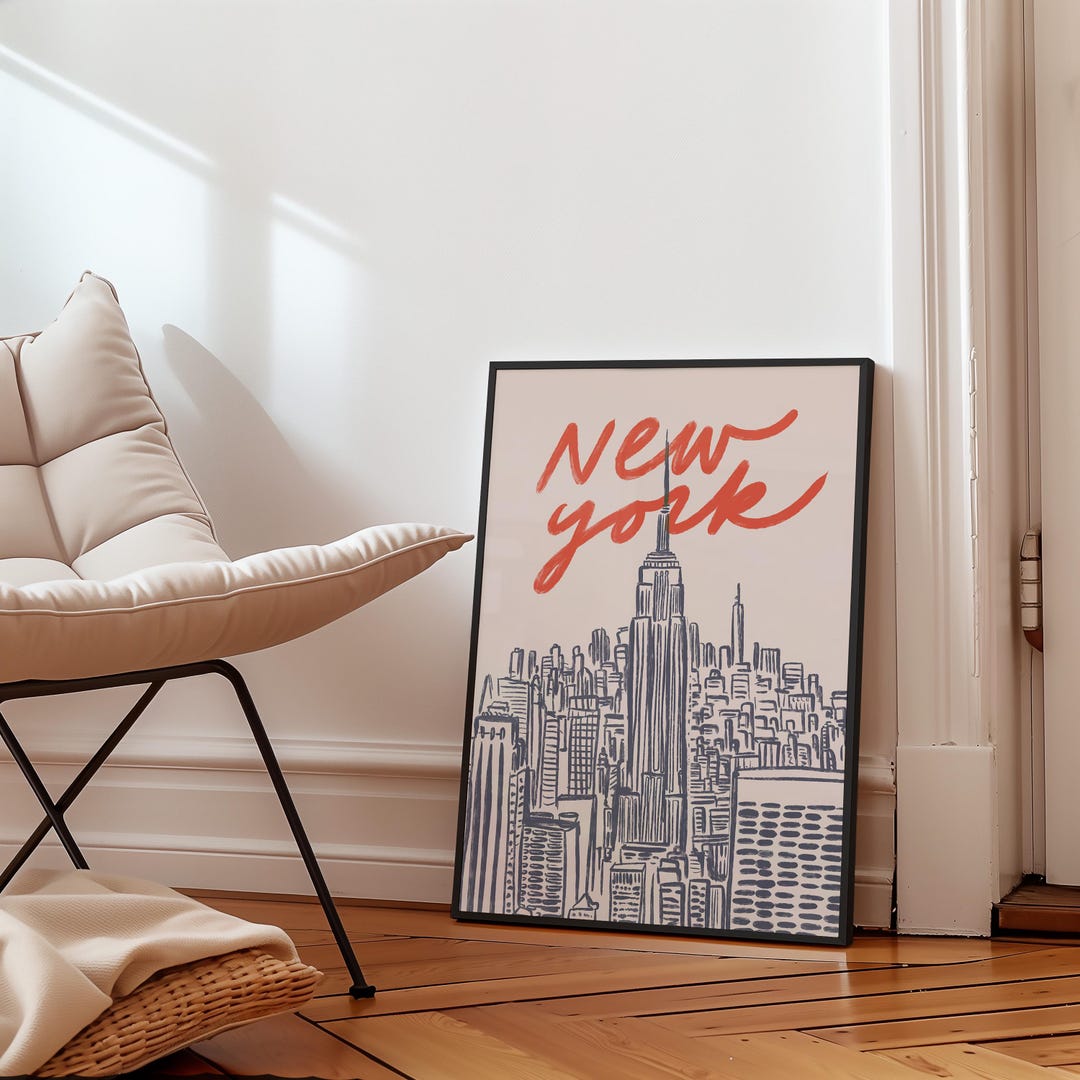 New York City Wall Art, NYC Skyline Print, Retro Travel Poster, Hand ...