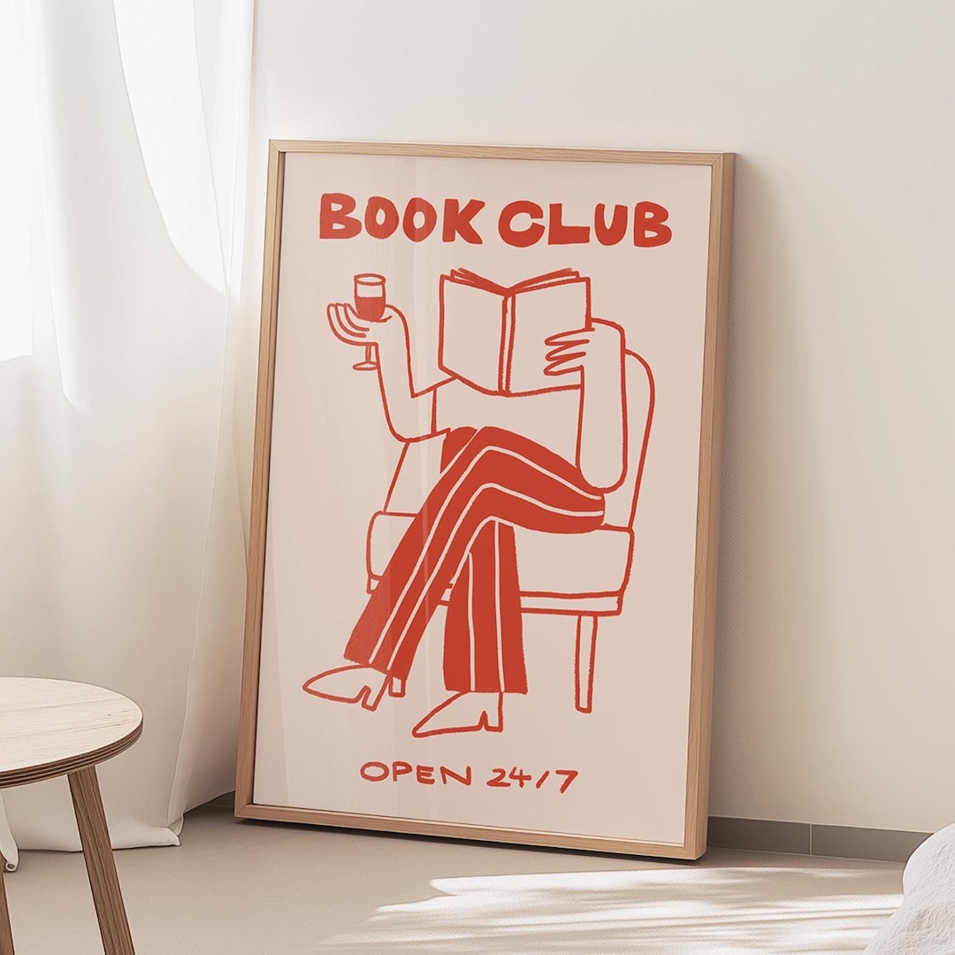 Book Club Wall Art, Reading Nook Decor, Bookish Gift, Wine Lover Print ...