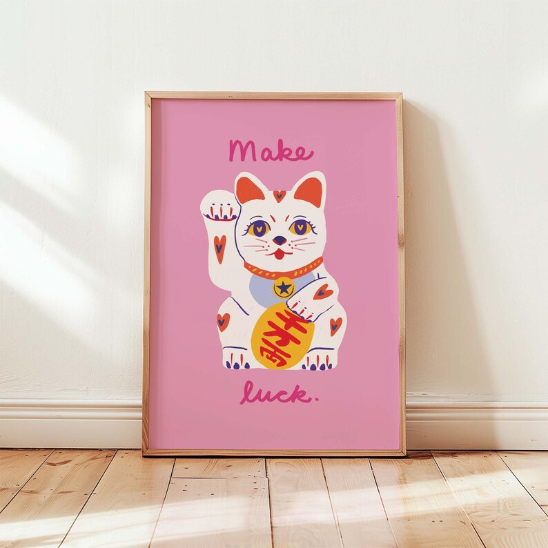 Lucky Cat Print, Maneki Neko Poster, Japanese Decor, Kawaii Lucky Charm ...