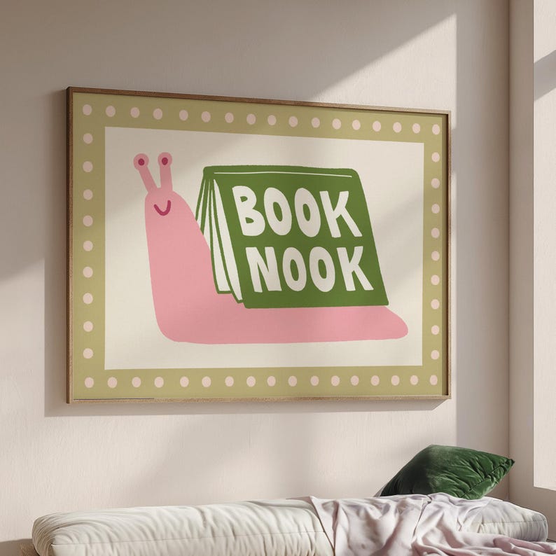 Bookish Wall Art, Children Book Nook Print, Green Snail Poster, Retro ...