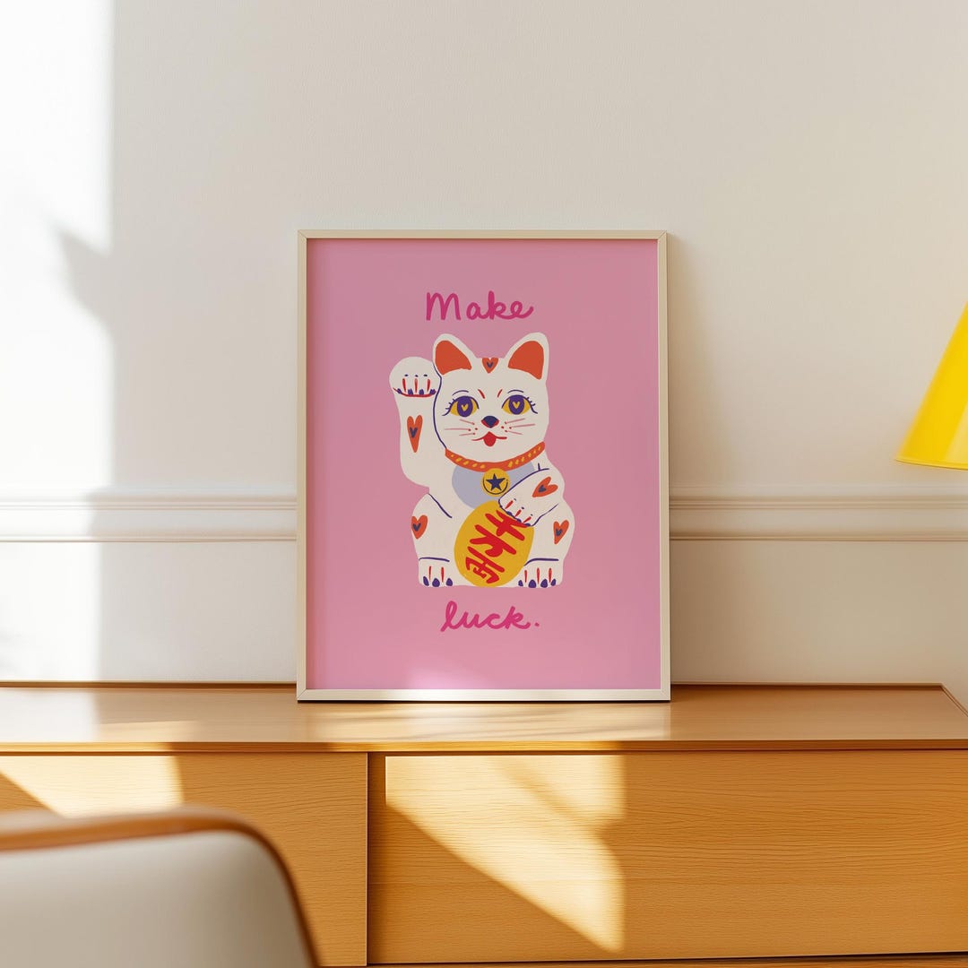 Lucky Cat Print, Maneki Neko Poster, Japanese Decor, Kawaii Lucky Charm ...