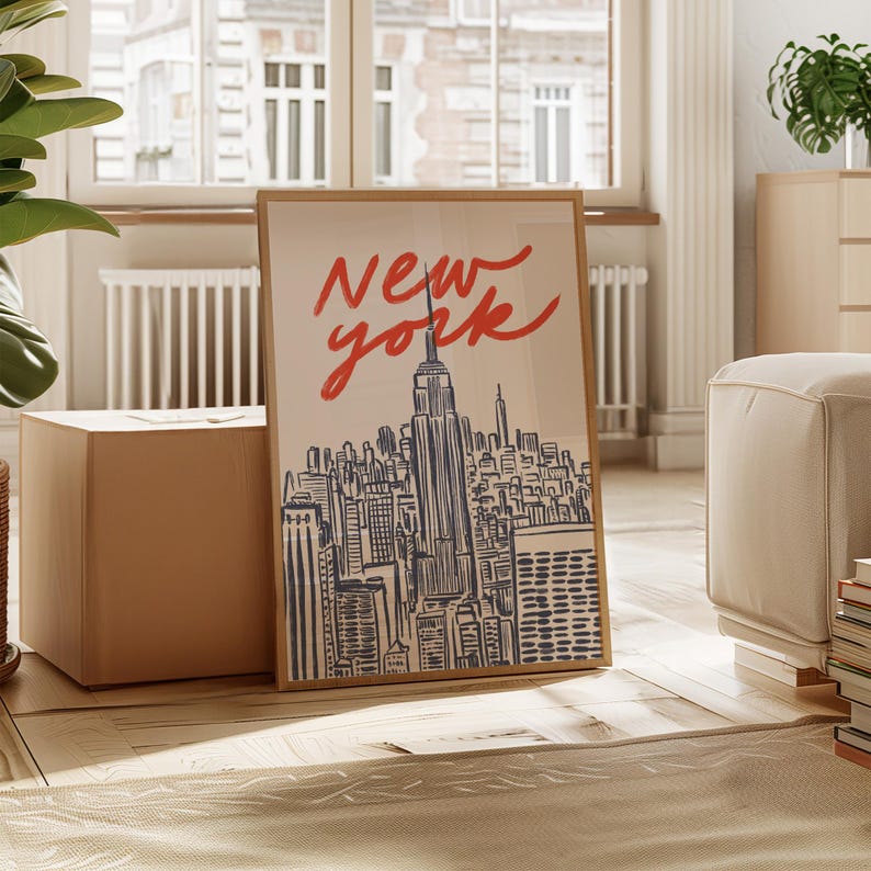 New York City Wall Art, NYC Skyline Print, Retro Travel Poster, Hand ...