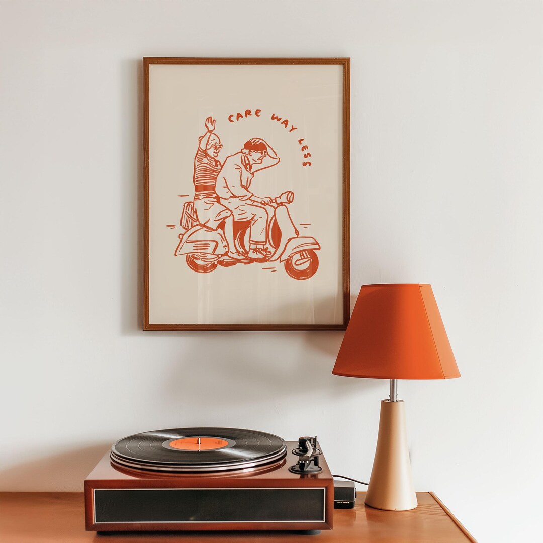 Care Way Less Wall Art, Retro Couple Print, Motorbike Art Print, Funny ...
