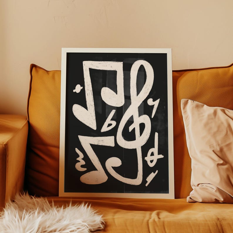 Music Note Wall Art Print, Modern Musical Symbol Poster, Black White ...