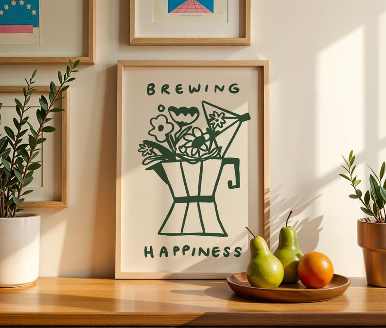 Brewing Happiness Wall Art Print, Coffee Pot Flowers Poster, Kitchen ...