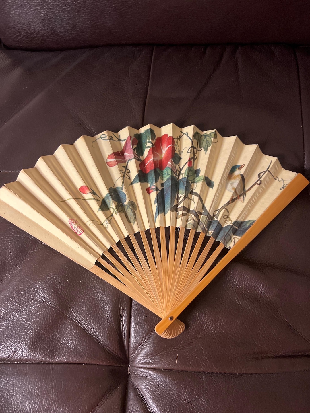 Vintage Chinese Hand Painted Folding Fan Bamboo Paper Floral Bird Red ...