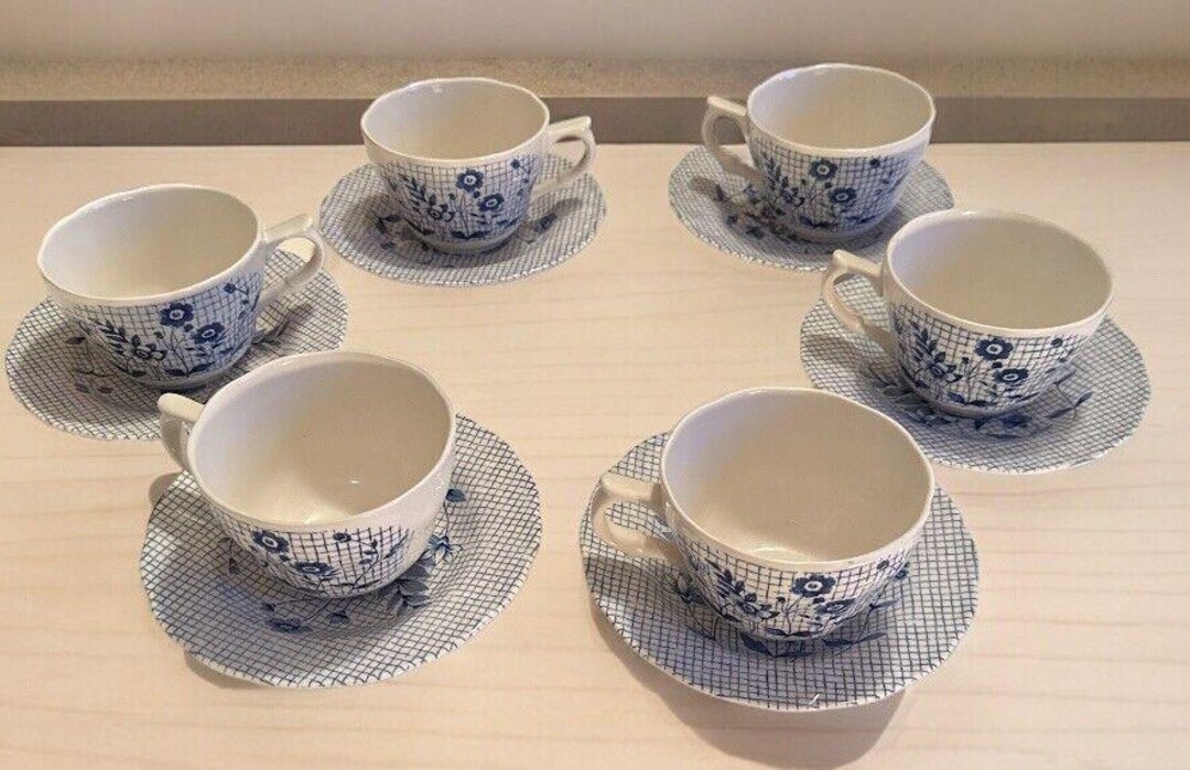 Vintage 6 Ironstone Nikko Blue Floral Check Tea Cup With Scalloped Rim ...