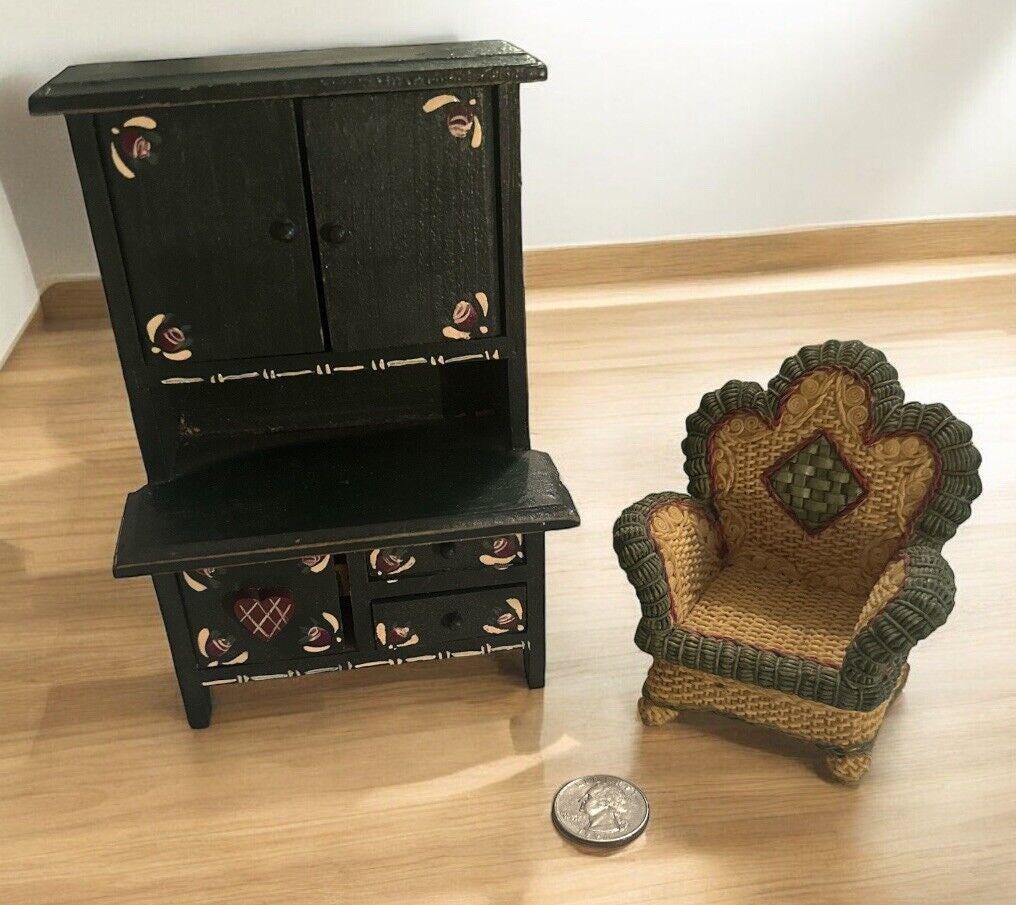 Miniature Baking Hutch Cupboard Wood Green Hand Painted and Faux Wicker ...