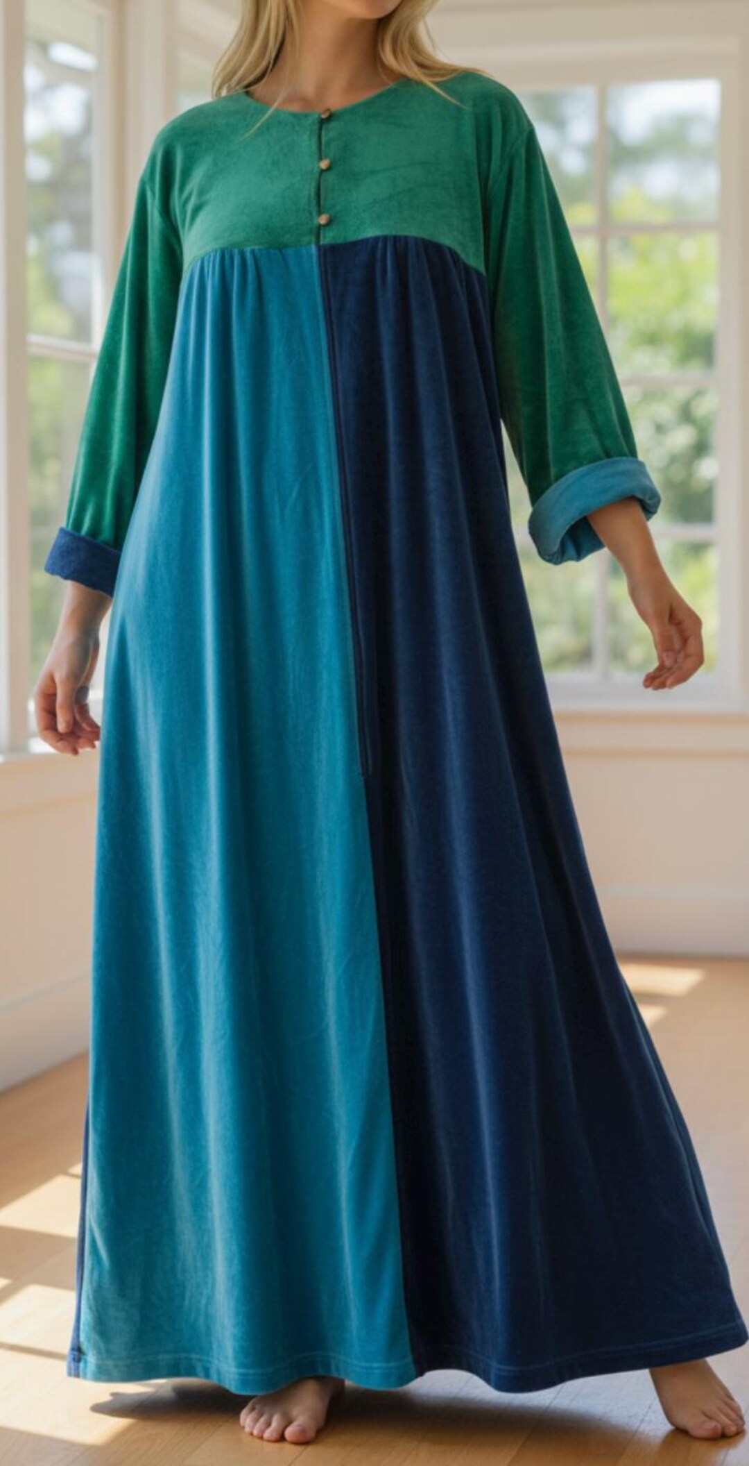 Vintage Chiha Velour Muumuu House Dress – Blue & Green Colorblock – R ...