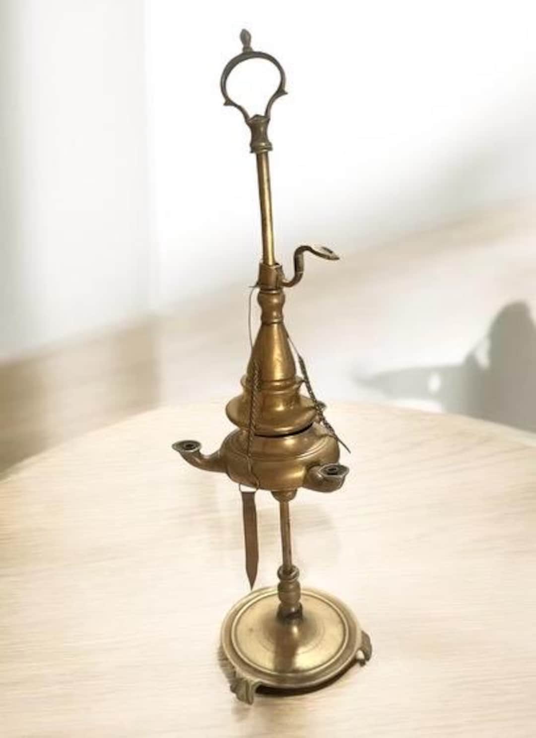 Antique Brass 3-wick Lucerne Oil Lamp With Chatelaine Chains - Etsy