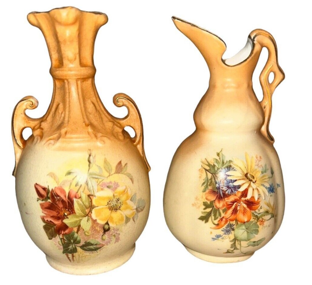 1950s Austrian Hand Painted Floral Pitcher & Double Handle Vase Pottery ...