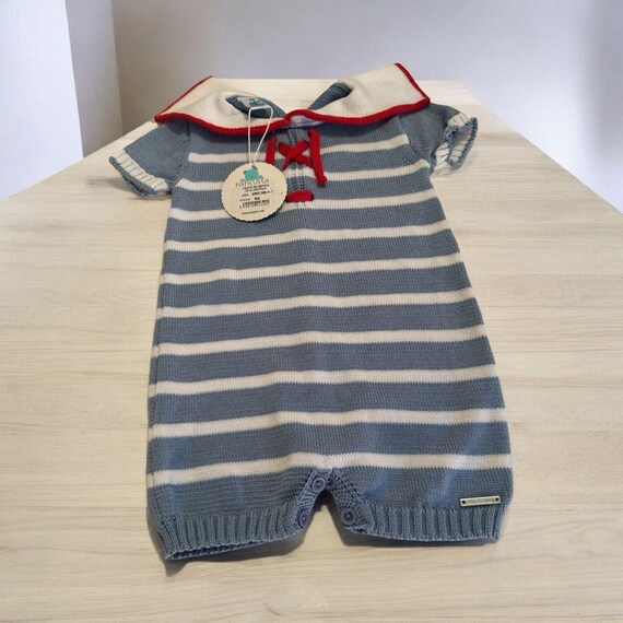 PANGASA 6 mos BABY BOYS Blue & White Stripe Knitted R… - Gem