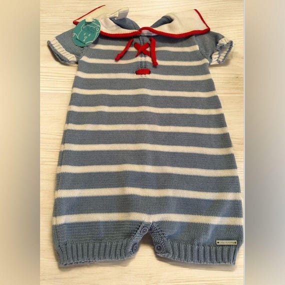 PANGASA 6 mos BABY BOYS Blue & White Stripe Knitted R… - Gem