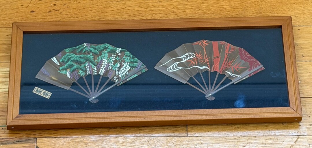 Vintage Framed Japanese Folding Fans Wall Art | Asian Fan Shadow Box ...