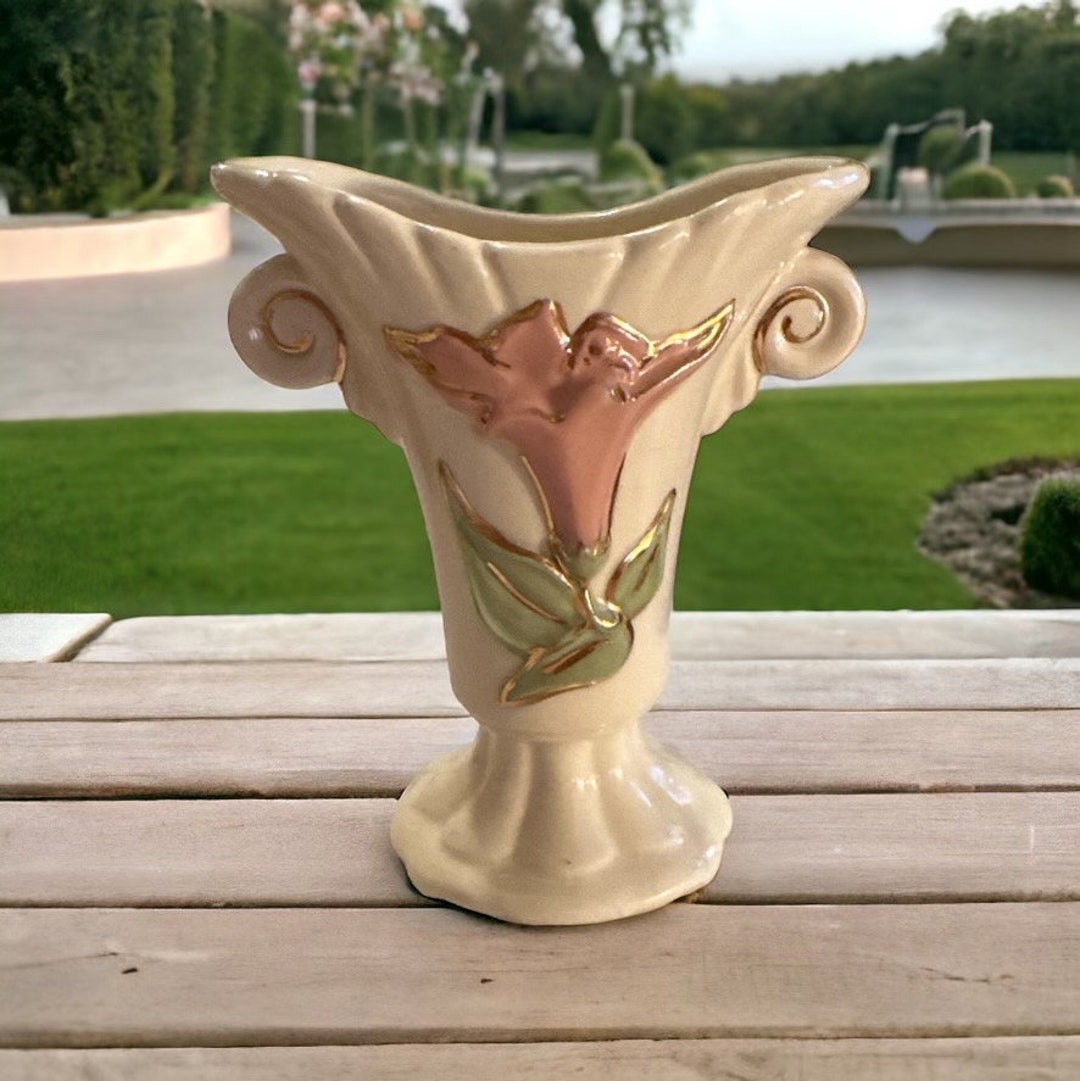 Vintage Hull Pottery 6" Vase | Ivory With Pink Flower, Green Leaves ...