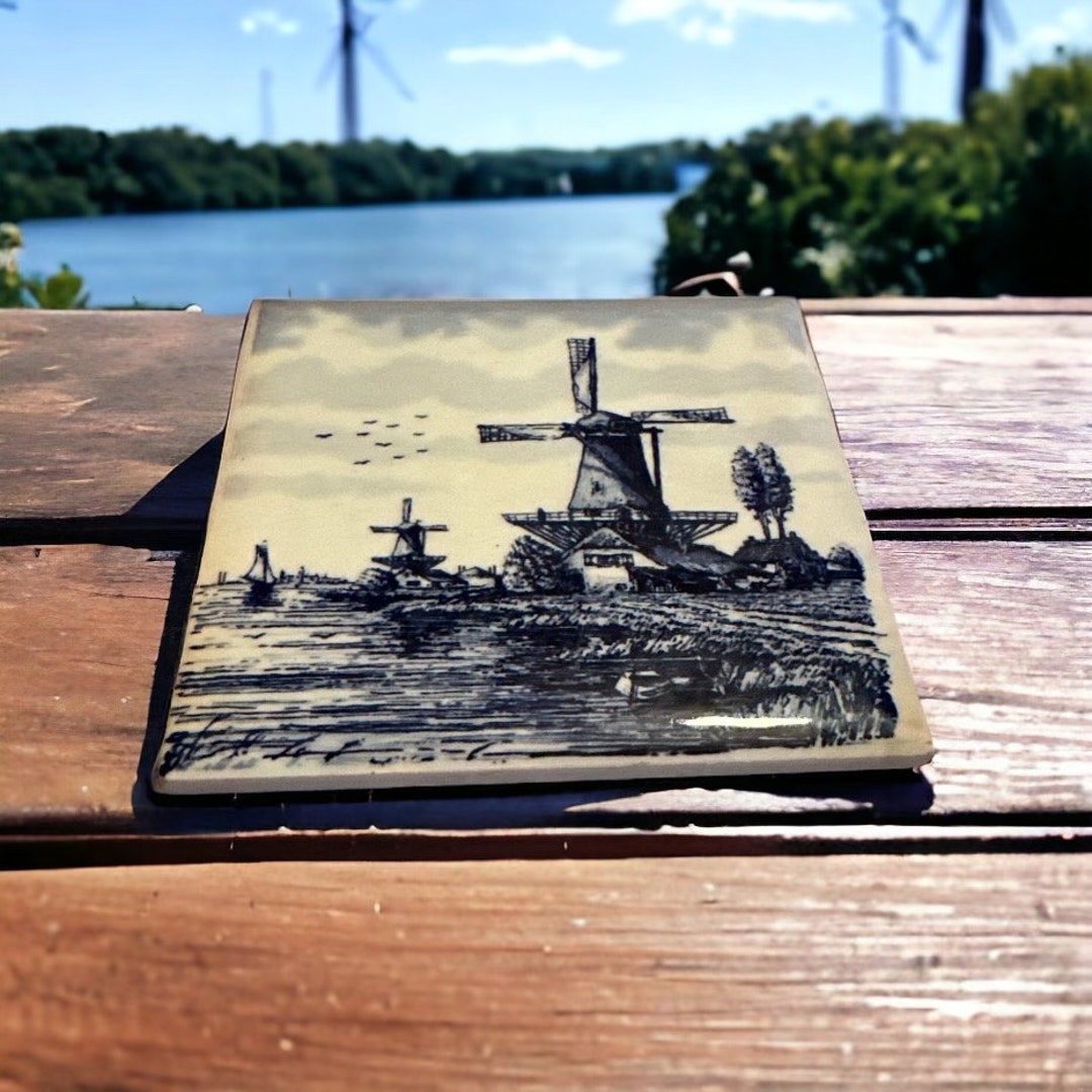 Delft Tile, Vintage Blue & White, Windmills, Sailboat and Rowboat, Old ...