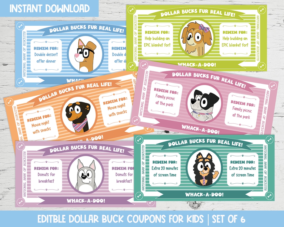 Editable Kids Reward Coupons: 'dollar Bucks' System (instant Download ...