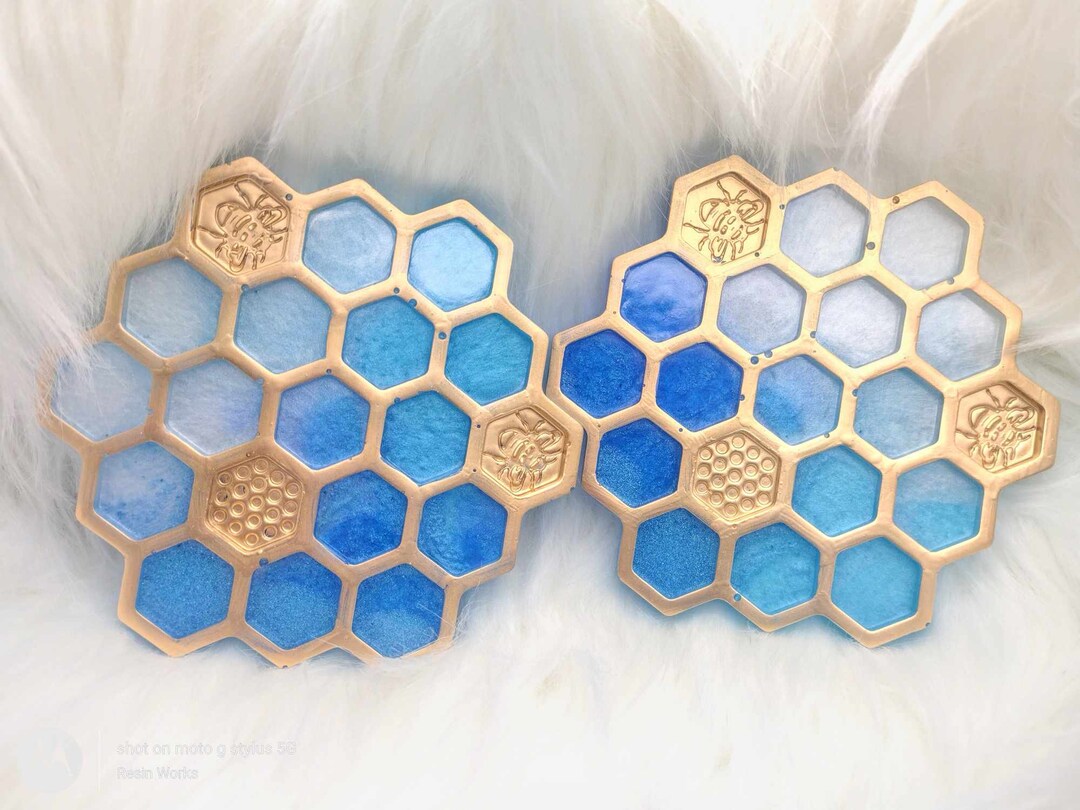 5 Pc Set Bee Honeycomb Honey Comb Coaster Set 5 Piece With Holder Resin ...