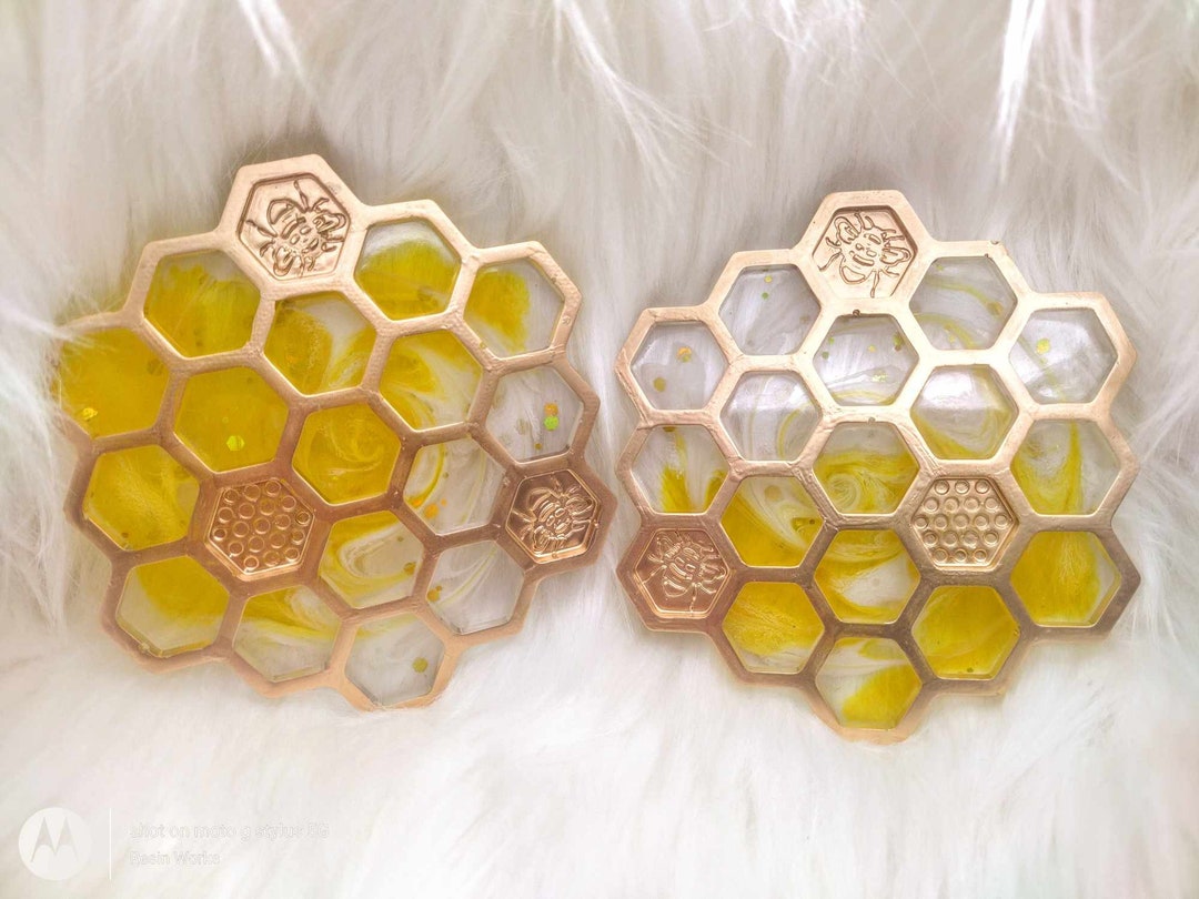 5 Pc Set Bee Honeycomb Honey Comb Coaster Set 5 Piece With Holder Resin ...