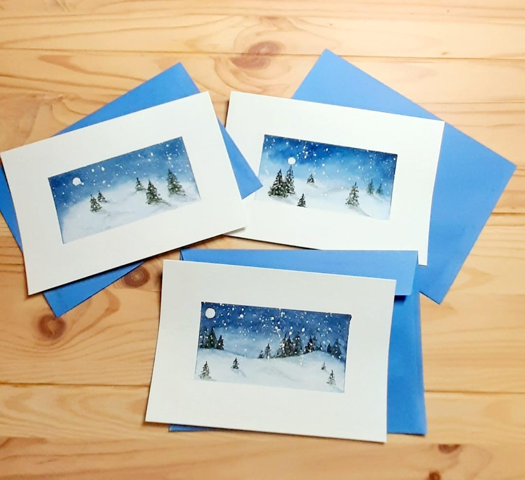 3 Hand Painted Original Watercolor Christmas Cards, Three Greeting ...