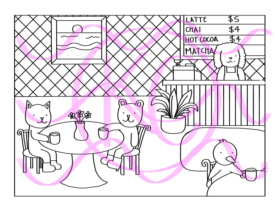 Coffee Shop Coloring Page Cute Animals Adults Kids - Etsy