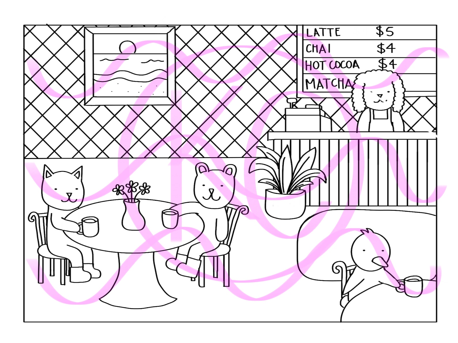Coffee Shop Coloring Page Cute Animals Adults Kids - Etsy