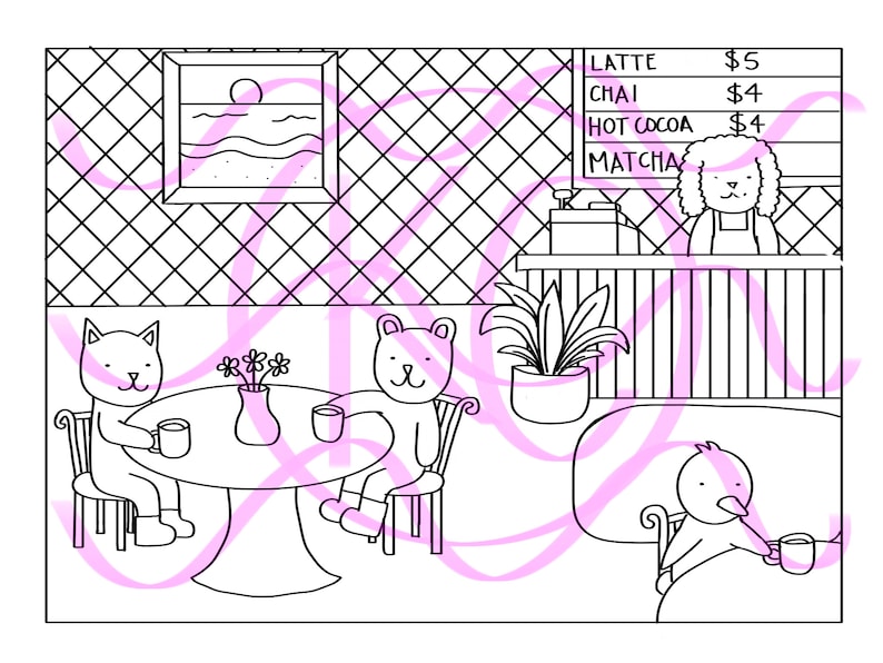 Coffee Shop Coloring Page Cute Animals Adults Kids - Etsy