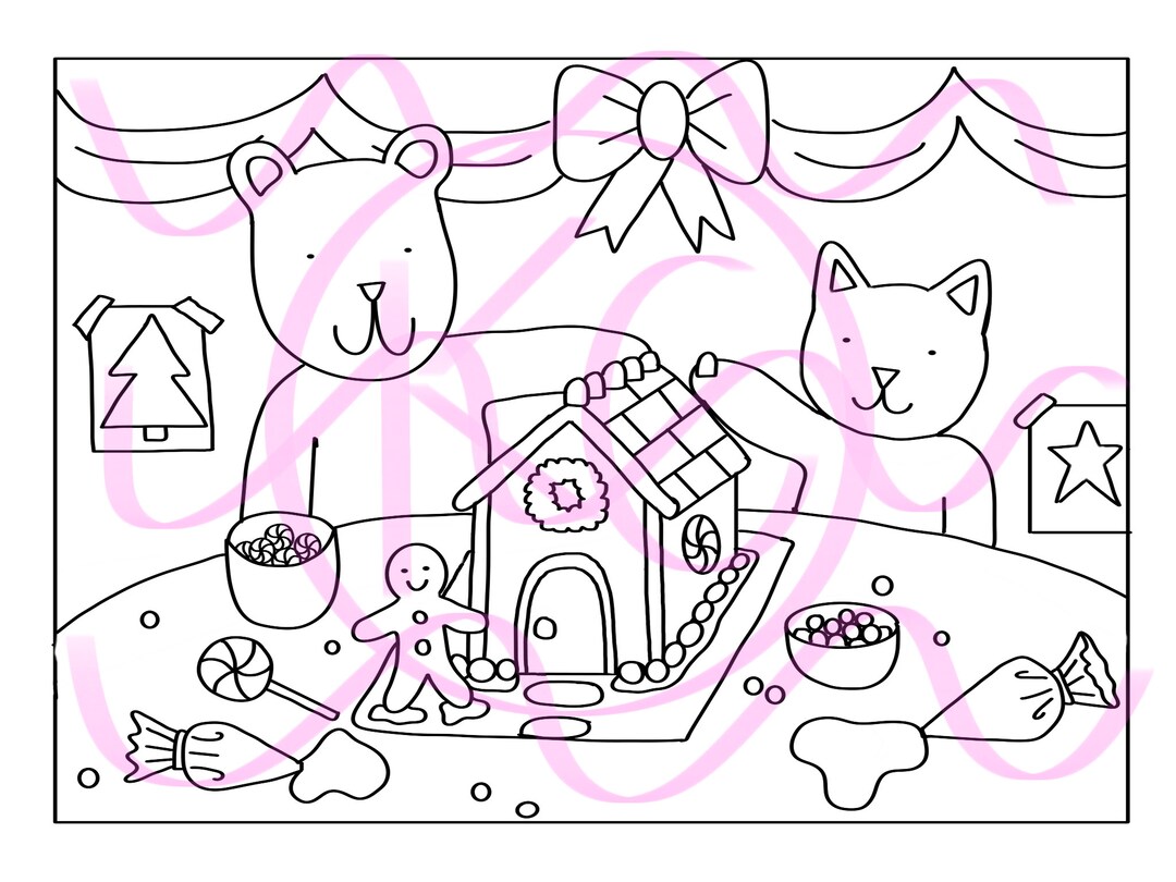 Gingerbread House Christmas Coloring Page for Adults and Kids, Cute and ...