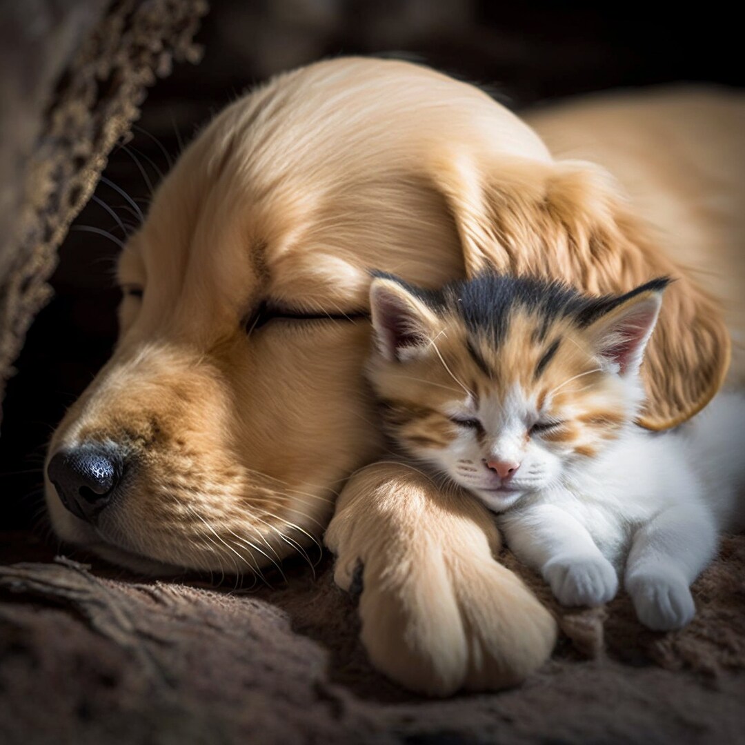 Cat & Dog Slumber: Adorable Digital Print of Peaceful Napping Pets to ...