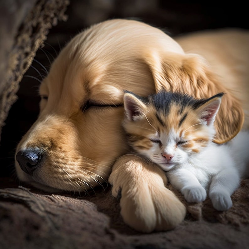 Cat & Dog Slumber: Adorable Digital Print of Peaceful Napping Pets to ...