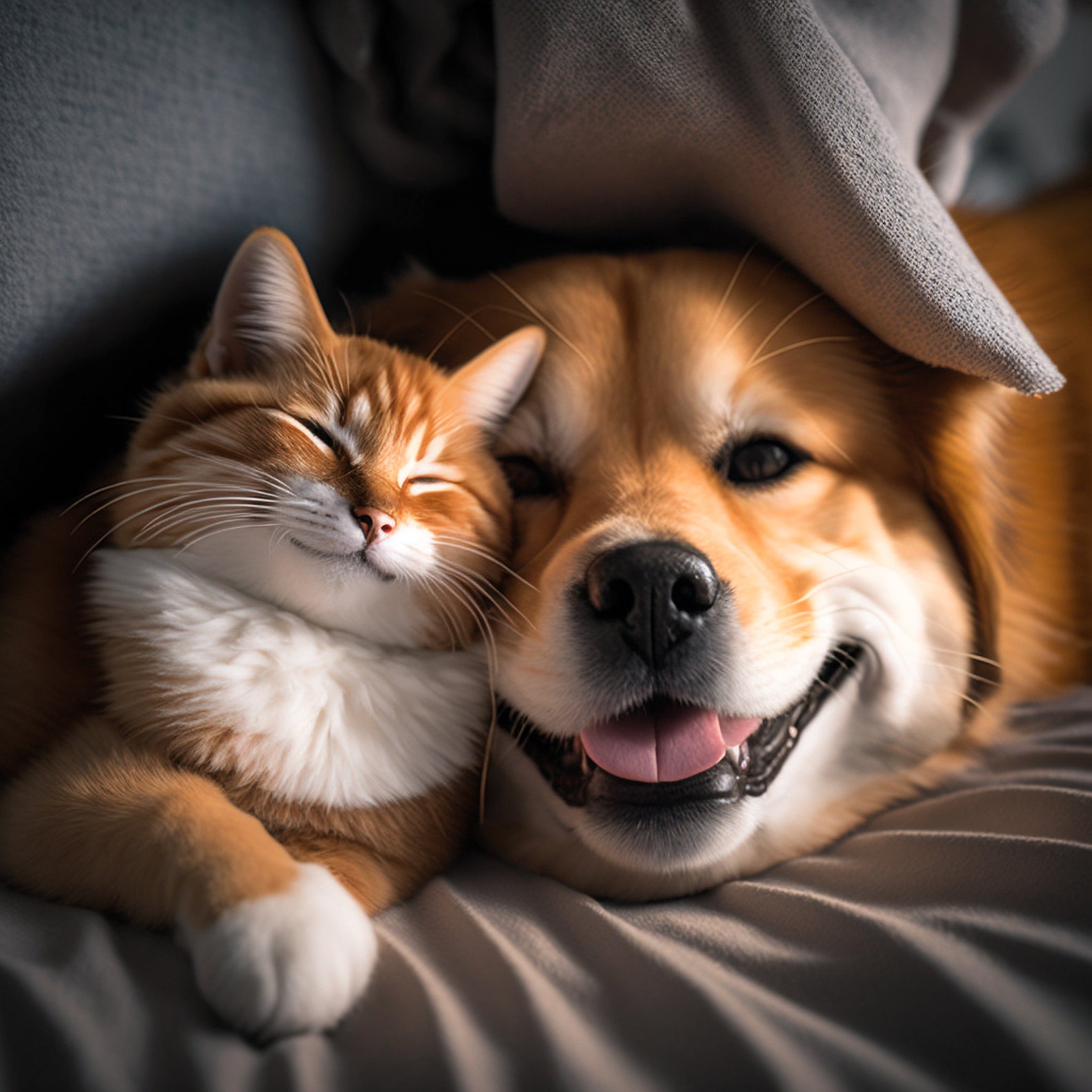 Smiling Buddies: Joyful Dog & Cat Digital Print - Enchanting Pet Art ...