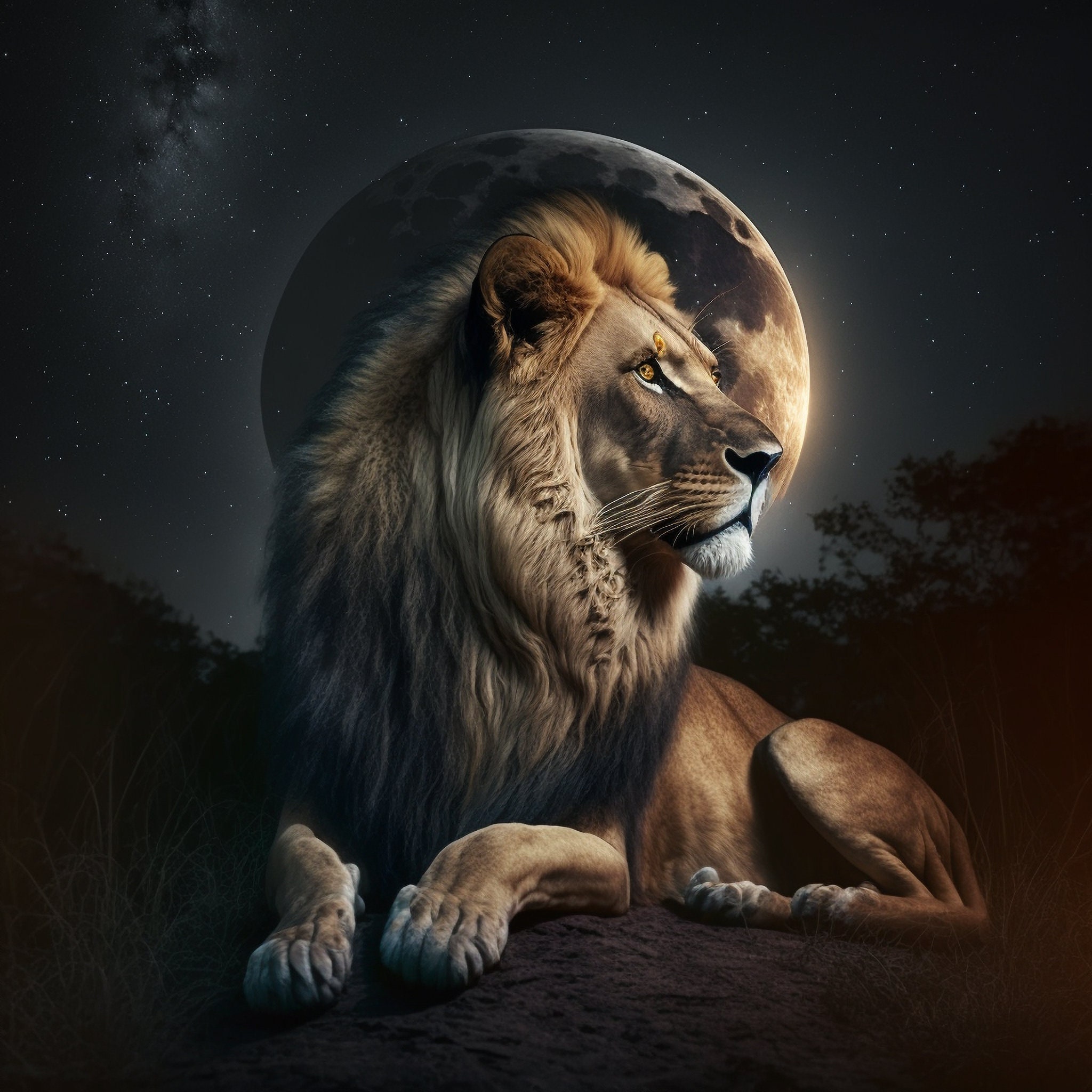 Lion Under Moon Digital Print, Wildlife Wall Art, Lunar Inspired Home ...