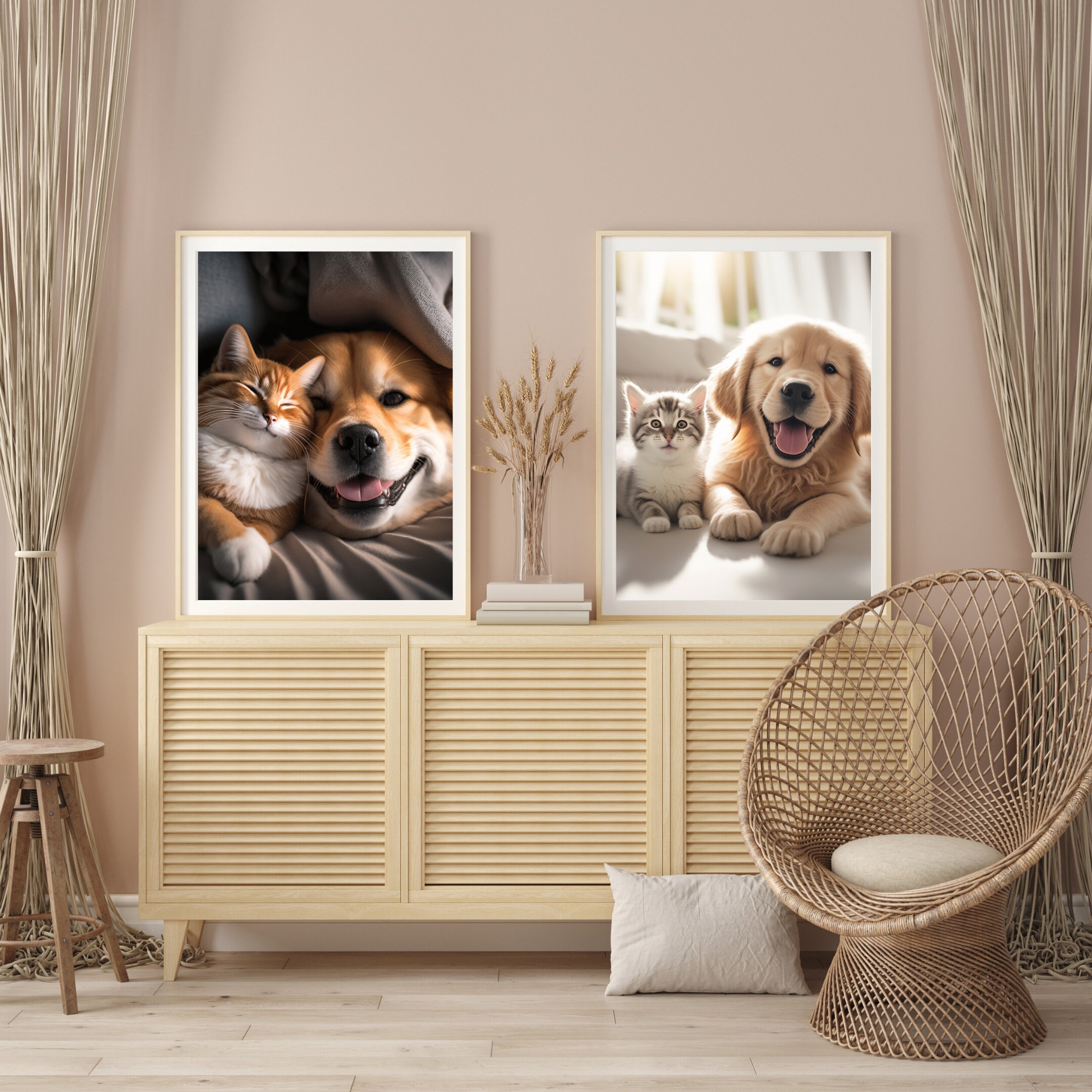 Smiling Buddies: Joyful Dog & Cat Digital Print - Enchanting Pet Art ...