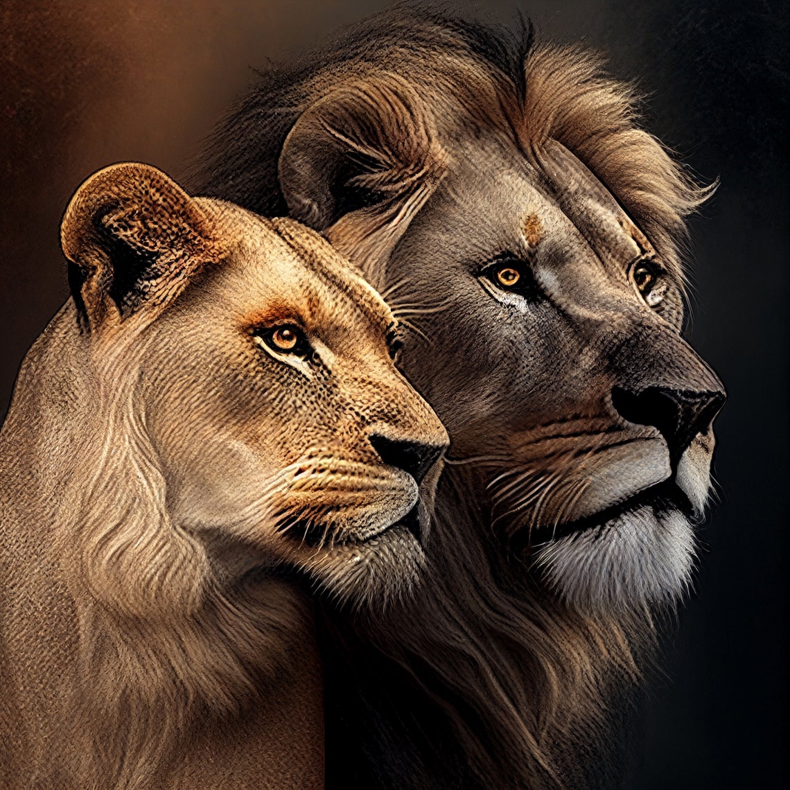 Savanna Embrace: Elegant Digital Print of Lion & Lioness Portrait ...