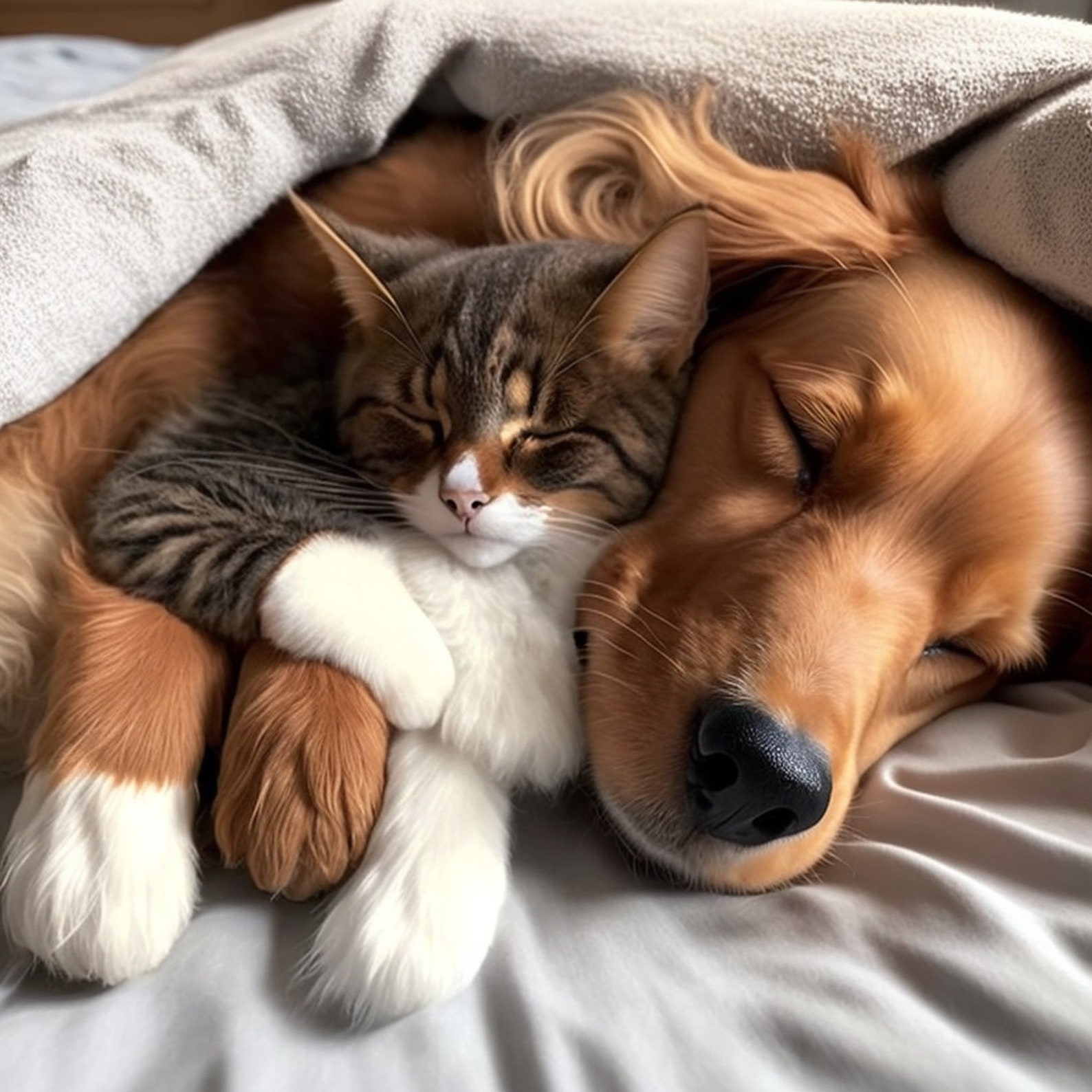 Snuggled Snooze: Cat & Dog Napping Cozily Digital Print - Comforting ...