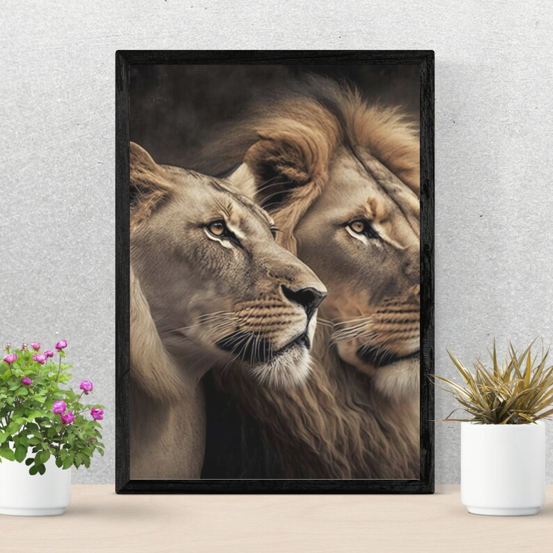 Savanna Embrace: Elegant Digital Print of Lion & Lioness Portrait ...