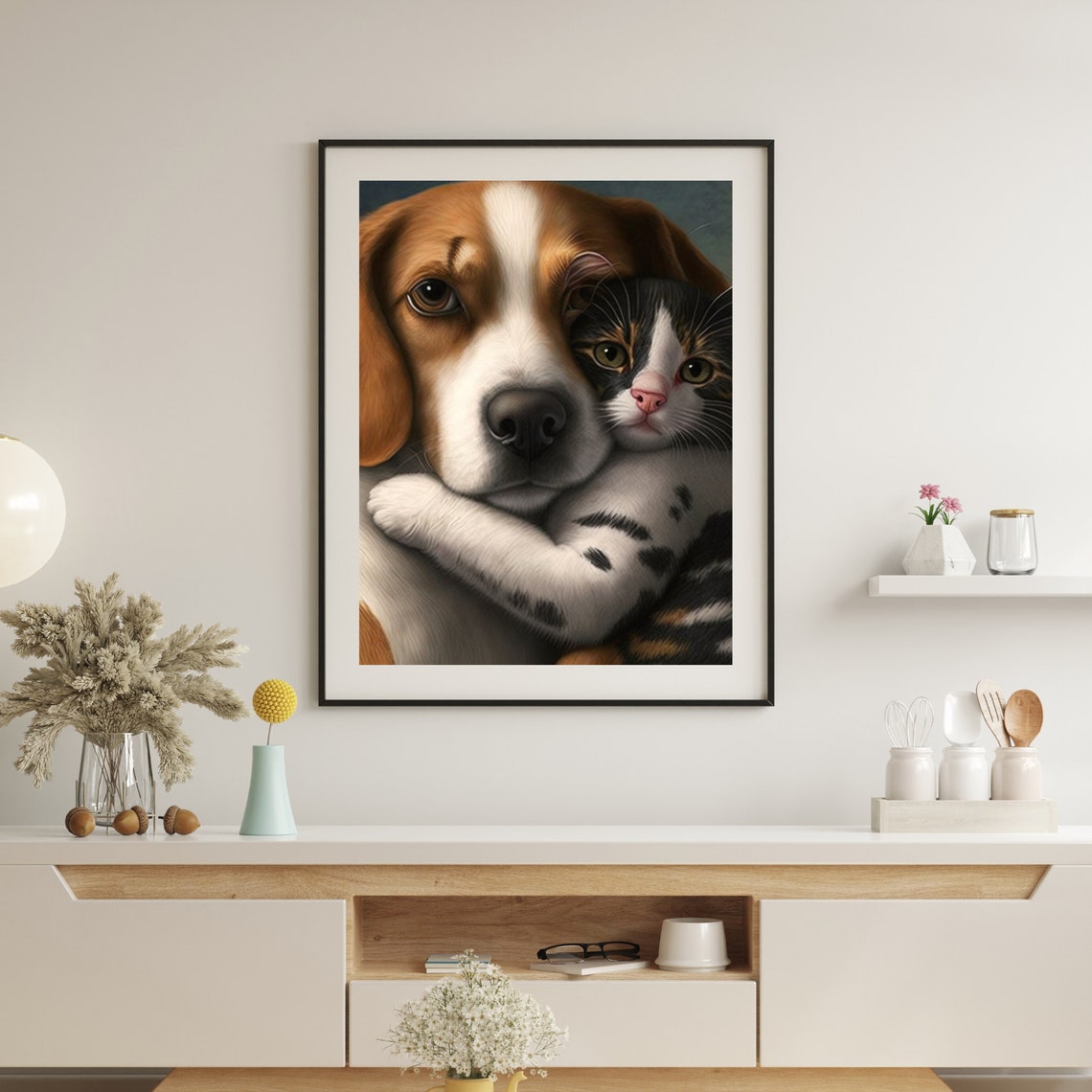 Furry Hug: Heartwarming Digital Print of Cat Embracing Dog for a Tender ...